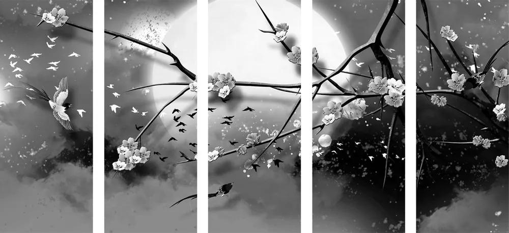 5-dílný obraz větve stromu za úplňku v černobílém provedení - 100x50 cm