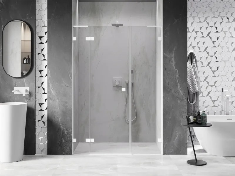 Mexen Lunar L, levé otočné sprchové dveře 150 cm, 8mm čiré sklo, bílý profil, 834SL-150-050-20-00-L