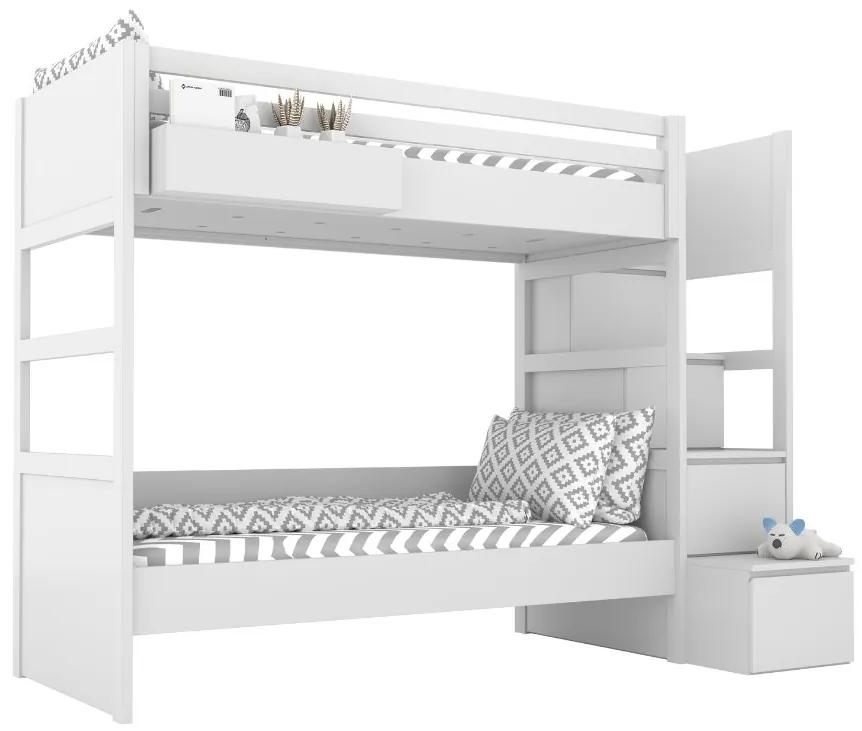 BAMI Bílá dětská patrová postel SIMONE s úložnými schody a policí 90x200 cm Zvolte šuplík: Bez šuplíku, Zvolte stranu: Vpravo