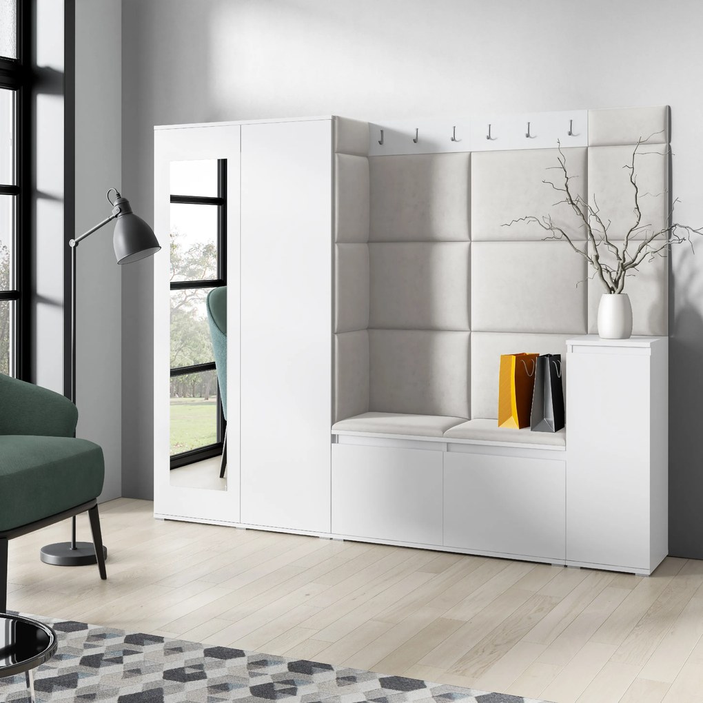 Eka Předsíňová stěna s čalouněnými panely Trinity 27 - Bilá / Krémová bílá 2301