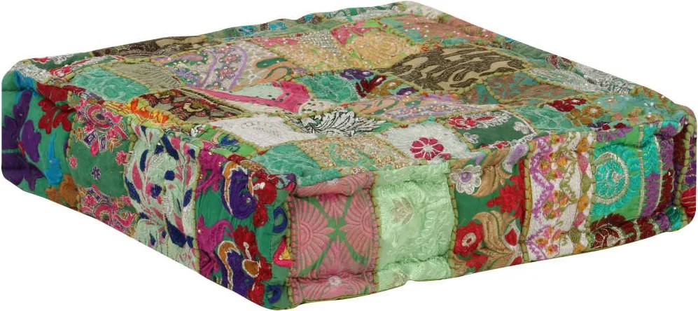 Sedací puf patchwork čtverec ručně vyrobený 50x50x12 cm zelený 246576