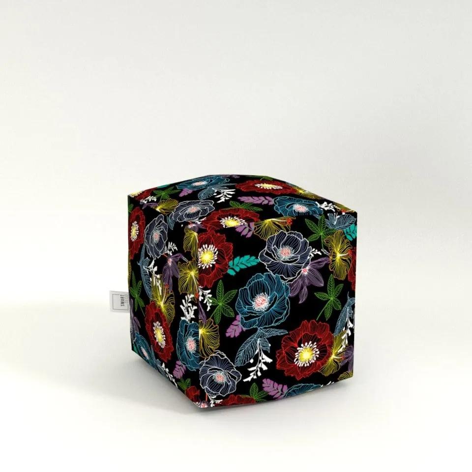 Smartdeco Taburet hranatý Květy černá - (v/h) 40 x 40 cm