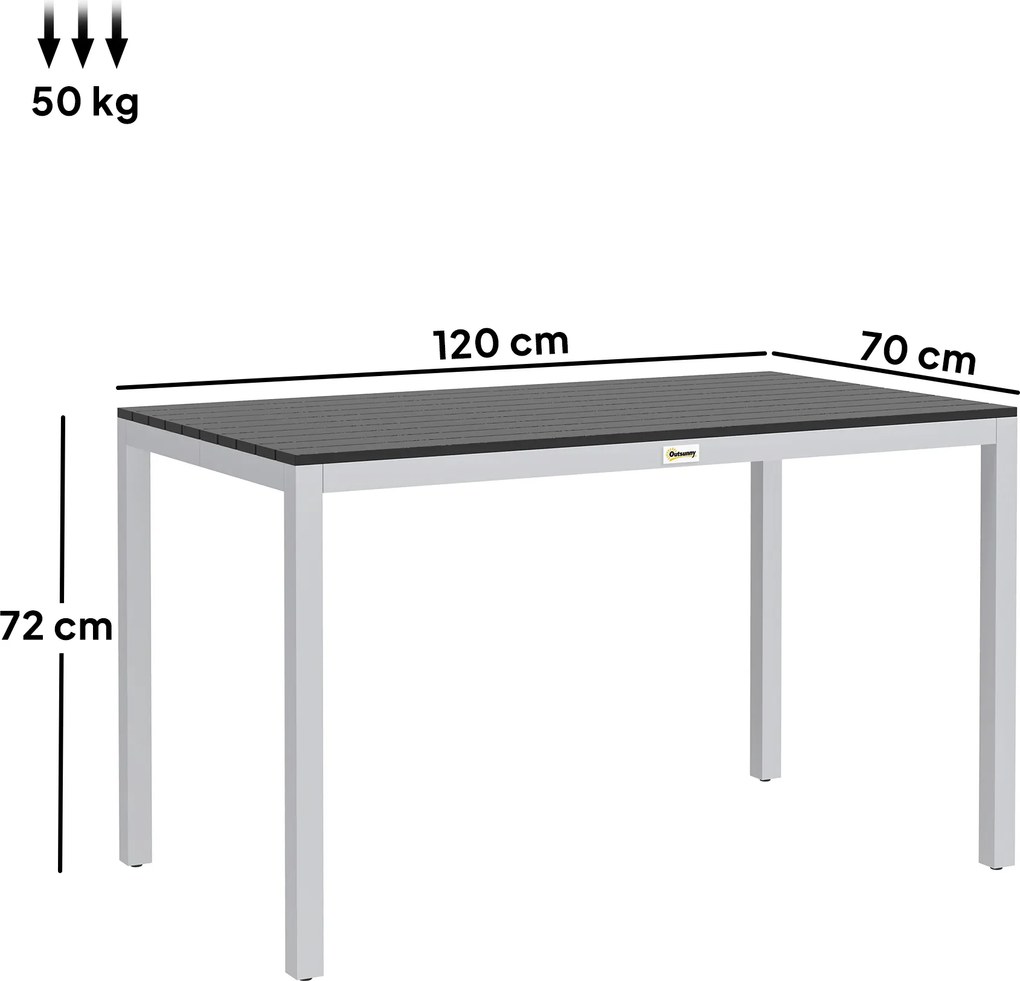 Hliníkový zahradní stůl 120x70 cm Balkonový stůl odolný proti povětrnostním vlivům se vzhledem dřeva, pro 4-6 osob Černá barva