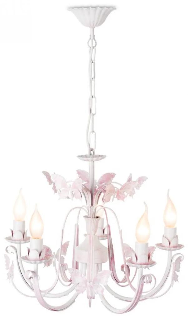 Light for home - Závěsný lustr na řetězu 30355 "Farfala", 5x40W, E14, bílá, růžová
