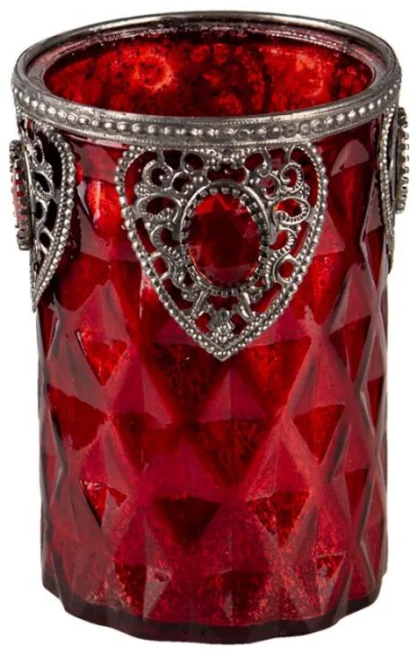 Červený skleněný zdobený svícen Rouge – 9x14 cm