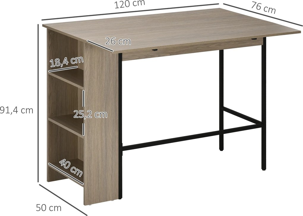 HOMCOM Barový Stůl se Skladem a Bistro Stolkem, Centrální Ostrov, Sklápěcí Vrchní Deska a 3 Poličkami - 120 x 76 x 91,4 cm