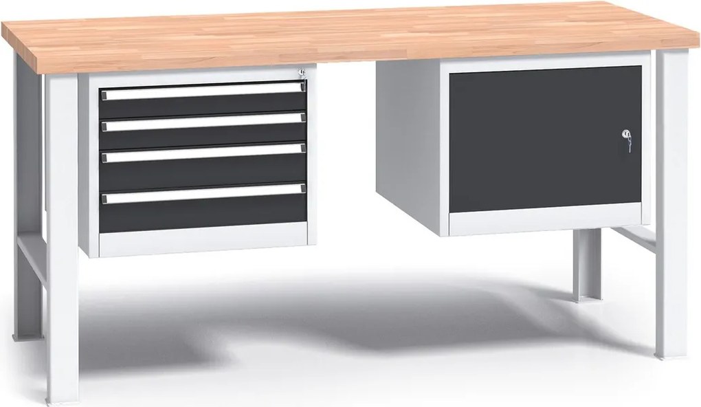 Pracovní stůl do dílny G3 se závěsným boxem a skříňkou na nářadí, buková spárovka, 4 zásuvky, pevné kovové nohy, 1700 mm, grafit