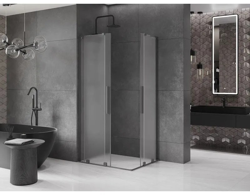 Mexen Velar L Duo, sprchový kout s posuvnými dveřmi 100 x 90 cm, 8mm sklo námraza, broušený grafit, 871-100-090-02-33-95