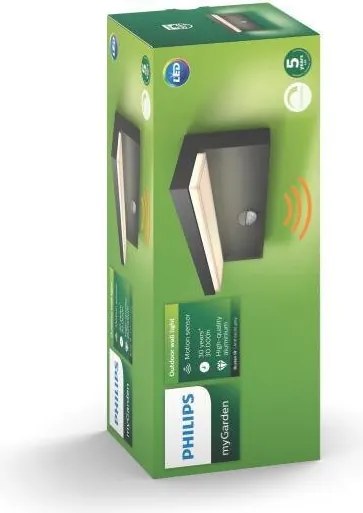 PH 16484/93/P0 LED Venkovní nástěnné svítidlo Philips Bustan s pohybovým čidlem 16484/93/P0 antracitové 2700K - PHILIPS (915005378401)