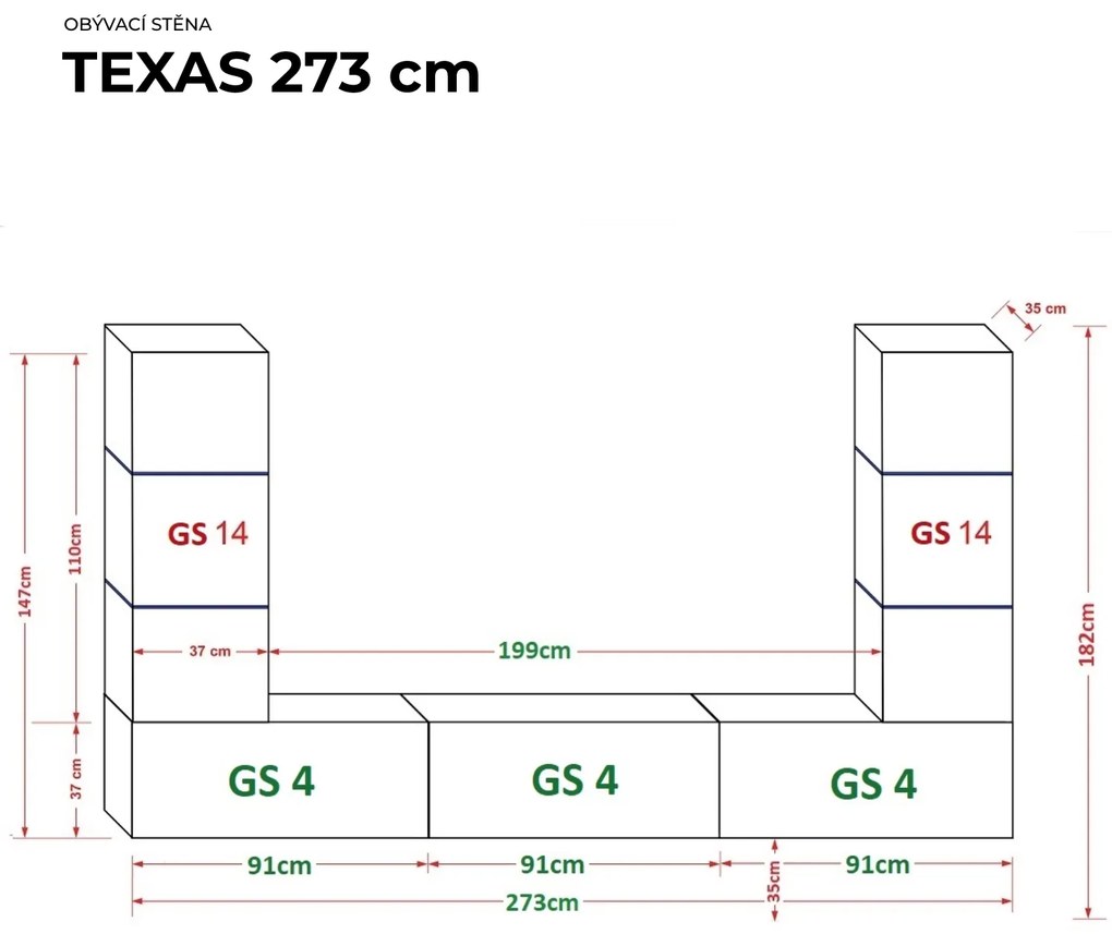 Ral Obývací stěna TEXAS 3, 273 cm - Černý lesk