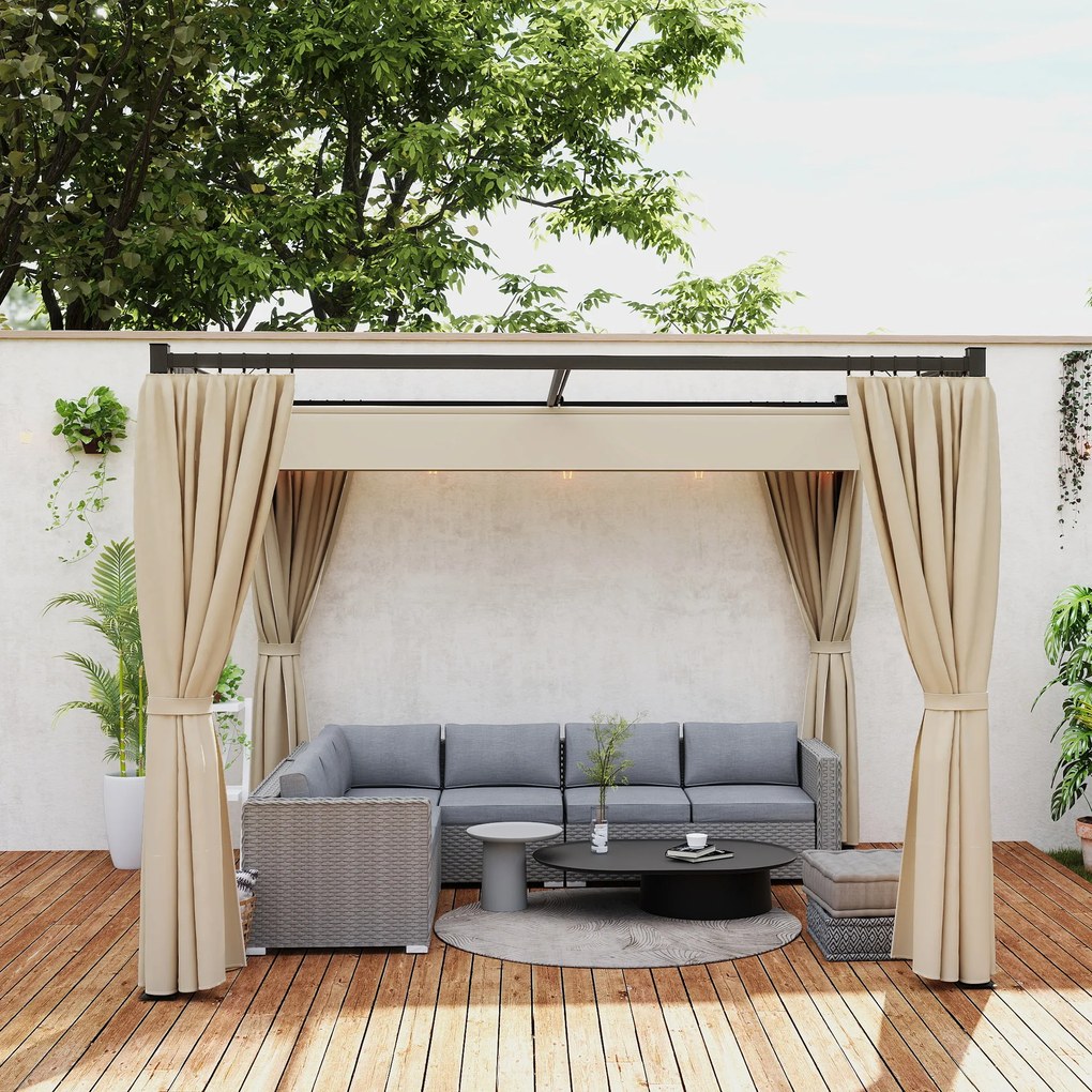 Outsunny pergola 3 x 3 m, volně stojící zastřešení terasy s posuvnou střechou, 4 boční stěny, odolné proti UV, béžové
