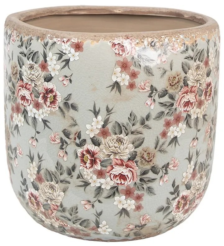 Zelený keramický dekorační květináč s květy Floria XL - Ø 19*18 cm