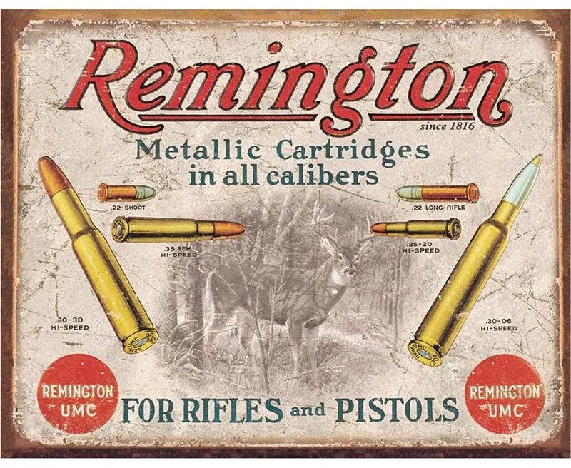 Plechová cedule Remington - For Rifles and Pistols 40 cm x 32 cm