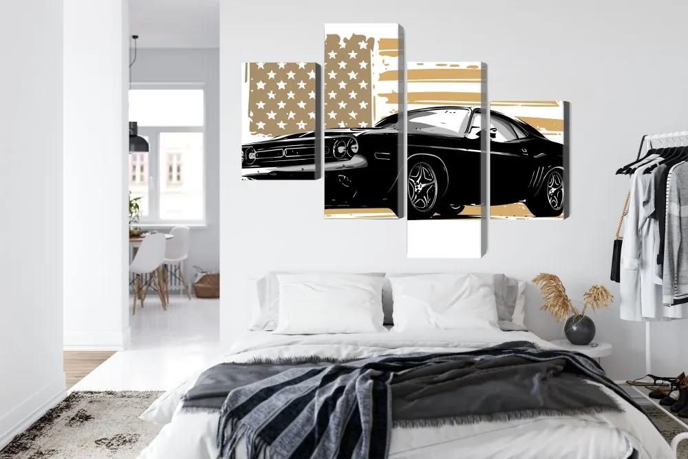 Vícedílný obraz Americké Svalové Auto S Pozadím Vlajky Usa Nedostatek Nedostatek Přírodní plátno 120x75