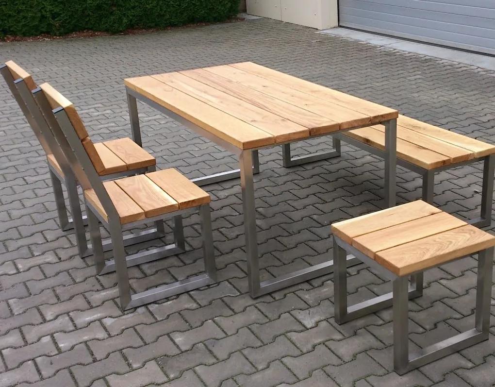 KULHÁNEK Zahradní sestava s nerezovými nohami - stůl, lavice bez opěradla, 2x židle, stolička Odstín nátěru: individuální