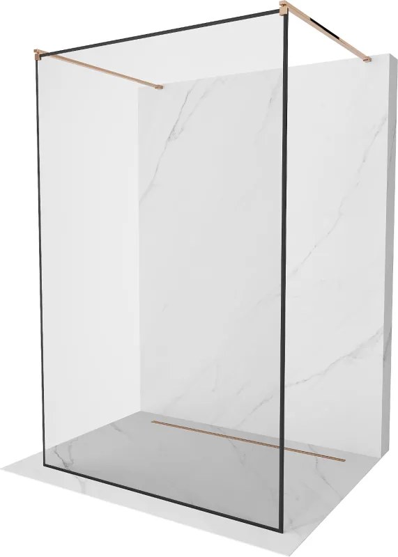 Mexen Kioto, průchozí sprchová zástěna 110 x 200 cm, 8mm sklo čiré/černý vzor, 2x růžové zlato stabilizační rozpěra, 800-110-002-60-70