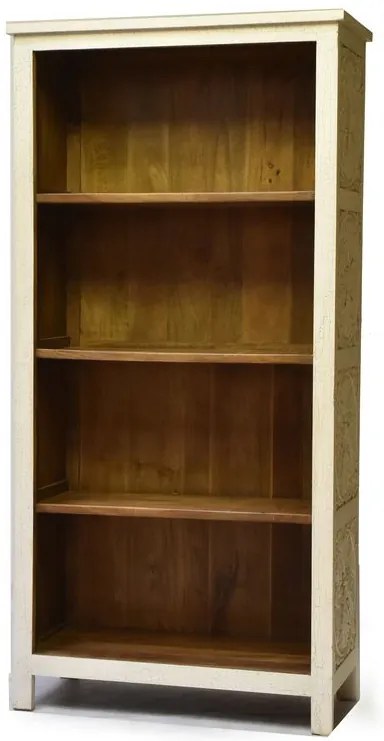 Sanu Babu Knihovna z mangového dřeva, bílá patina, ruční řezby, 95x42x192cm