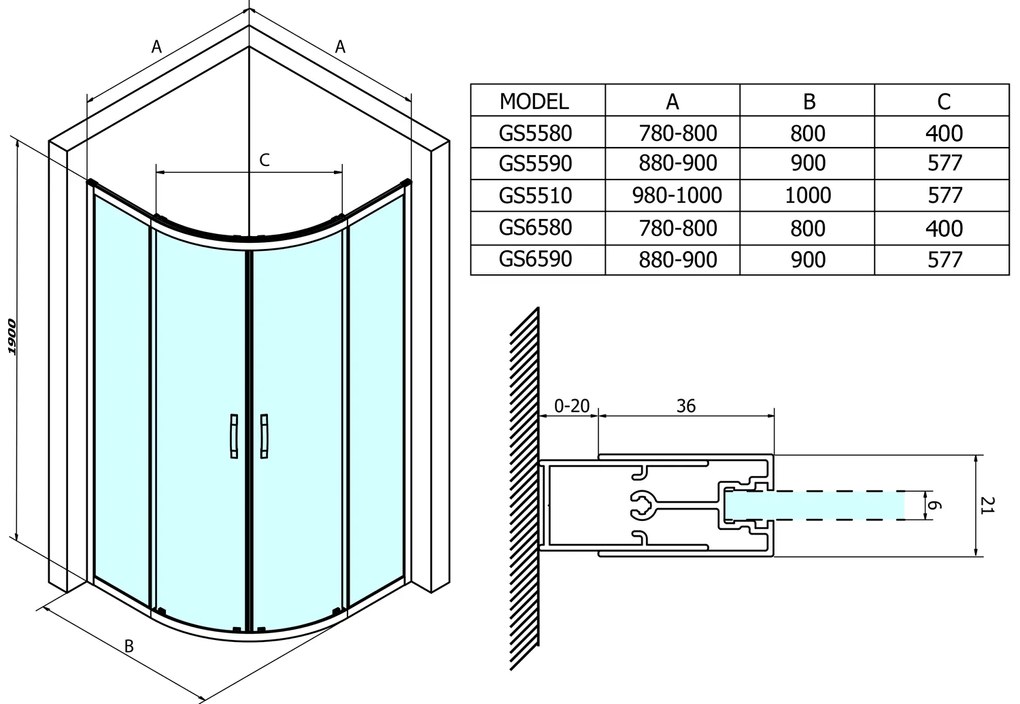 Gelco Gelco, SIGMA SIMPLY čtvrtkruhová sprchová zástěna 800x800 mm, R550, čiré sklo, GS5580