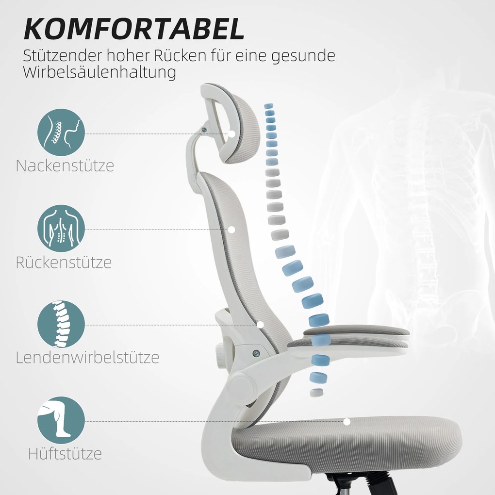 HOMCOM Ergonomická kancelářská židle s opěrkou zad z síťoviny, výškově nastavitelná, sklápěcí loketní opěrky, 5 koleček, houpací funkce, šedá