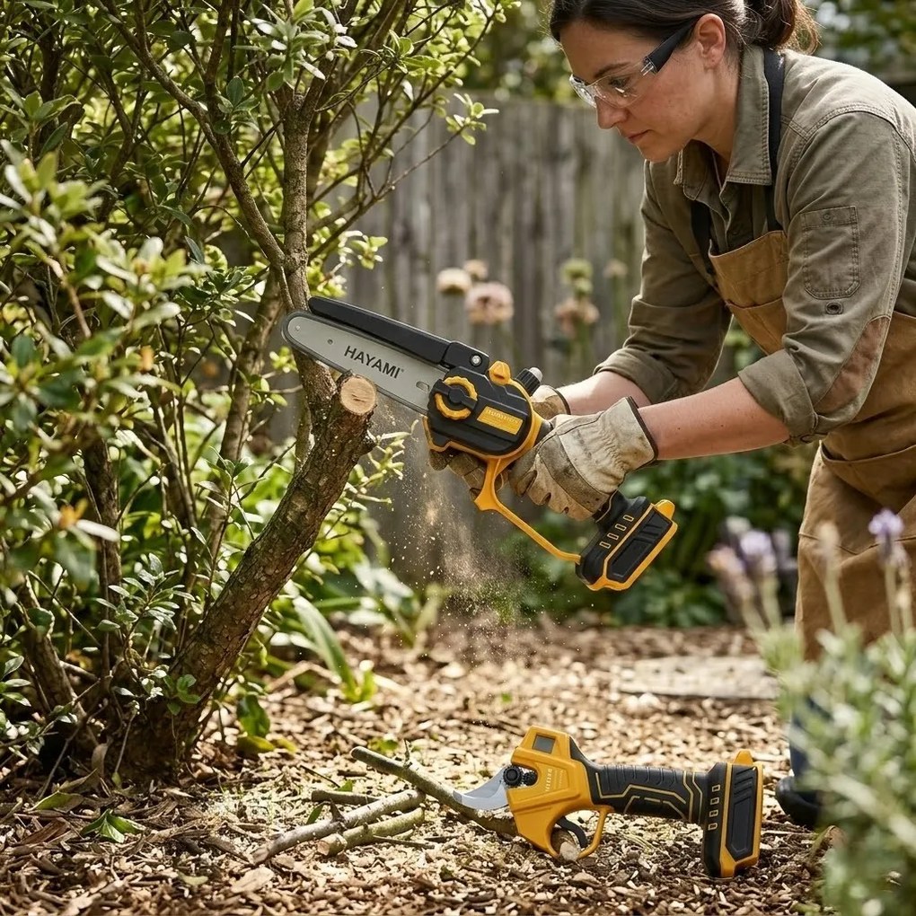 Velká AKU sada HAYAMI HA-1008-1 3v1 - pila + zahradnické nůžky + prodlužovací tyč 2,4 m