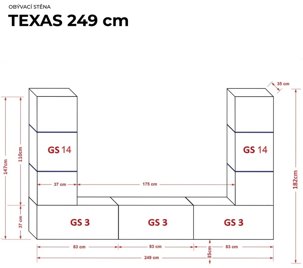 Ral Obývací stěna TEXAS 1, 249 cm - Bílý lesk