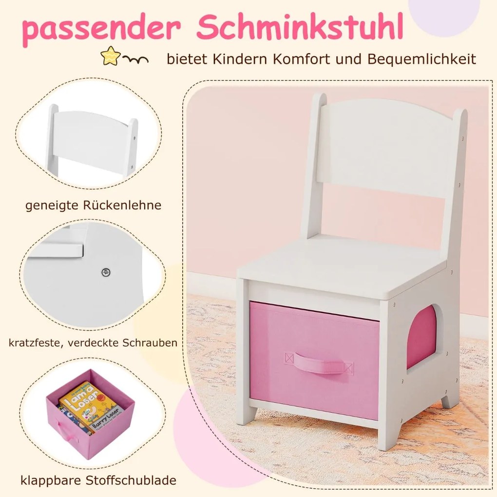 Costway Dětský toaletní stolek s osvětlením Sada toaletního a židlí Princess s 2