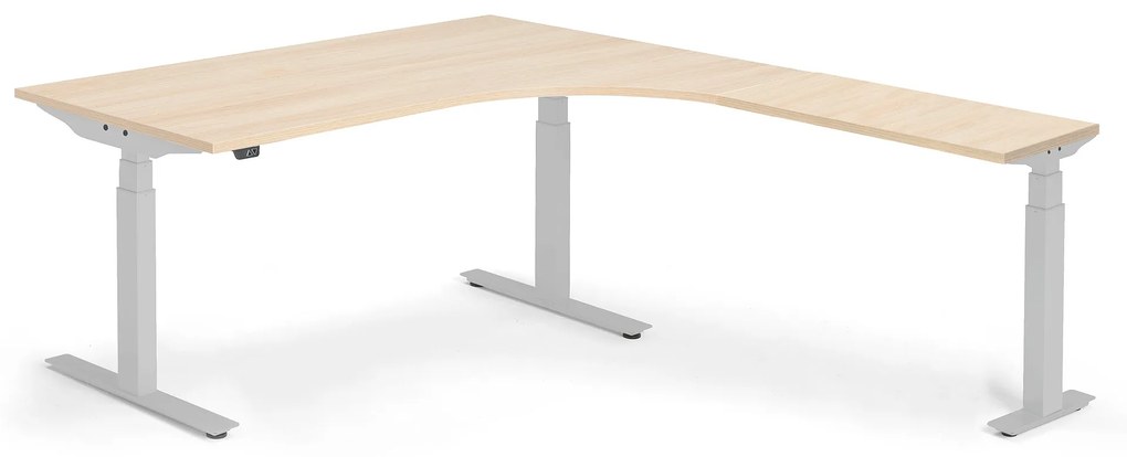 AJ Produkty Výškově stavitelný stůl Modulus, rohový, 1600x2000 mm, stříbrný rám, dub
