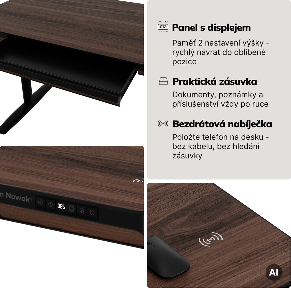Elektrický psací stůl sit-stand se zásuvkou a bezdrátovou nabíječkou Qi černý/ořech, 1600 mm: ELLIS