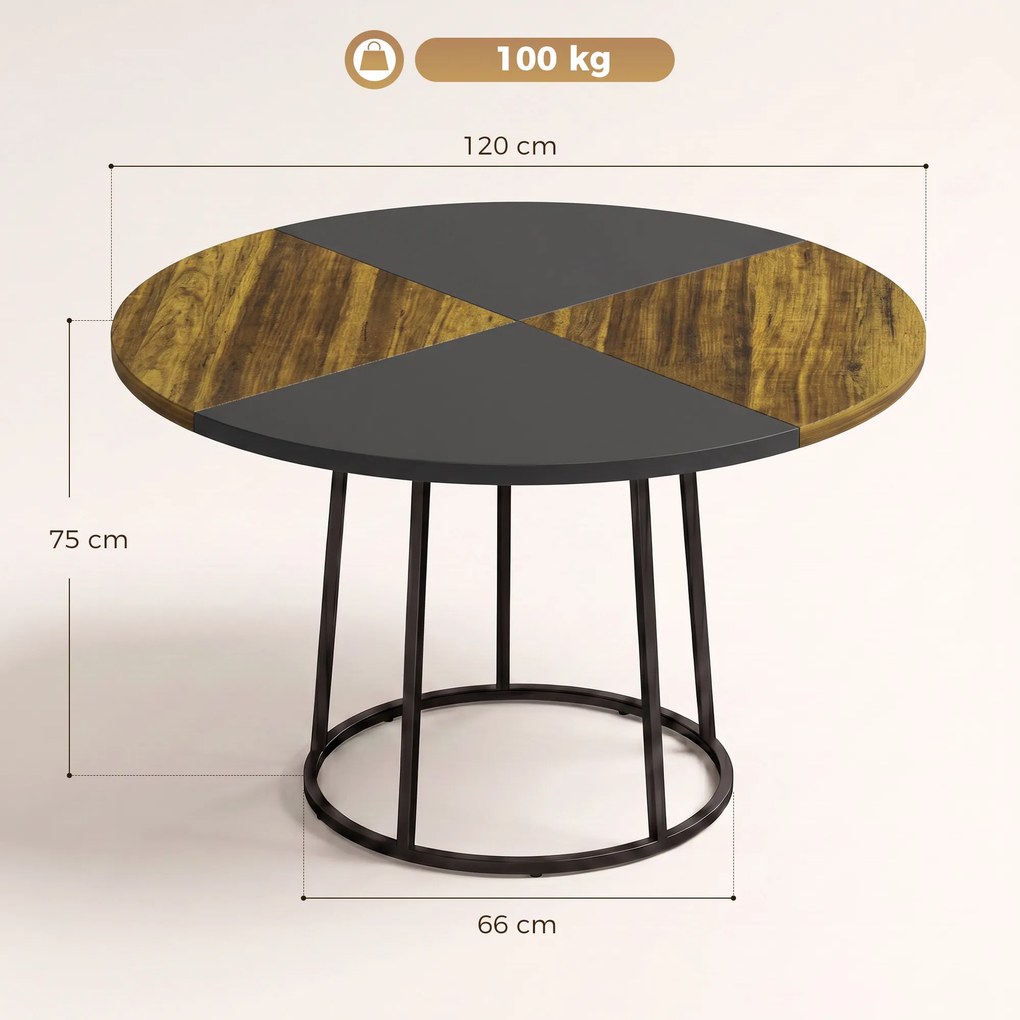 HOMCOM Kulatý jídelní stůl Ø120 cm pro 4-6 osob s dvoubarevnou deskou, industriální styl, rustikální hnědá a černá