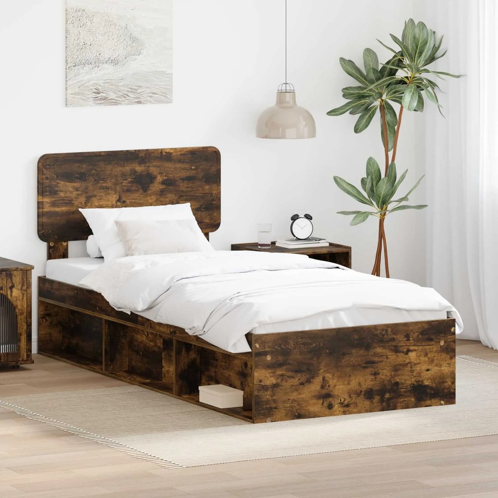 Rám postele s čelo Kouřový dub 75 x 190 cm Masivní borové dřevo 3412145