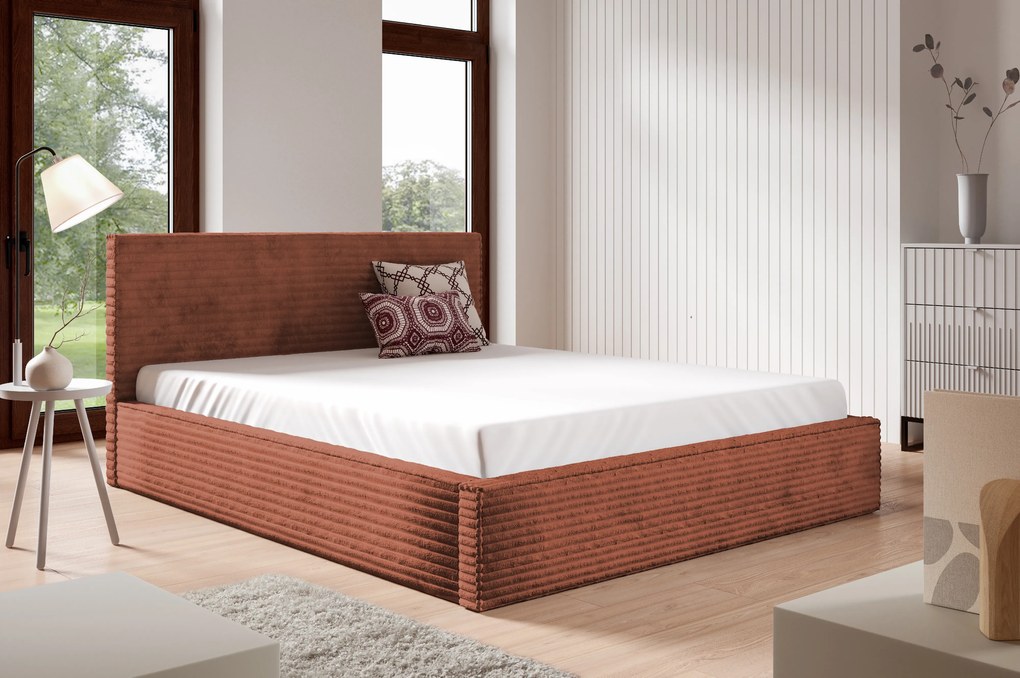 Eka Čalouněná postel STRIPS 160x200 cm Úložný prostor: S kovovým rámem úložného prostoru, Barva látky Tilia: Tmavě zelená (Tilia 39)