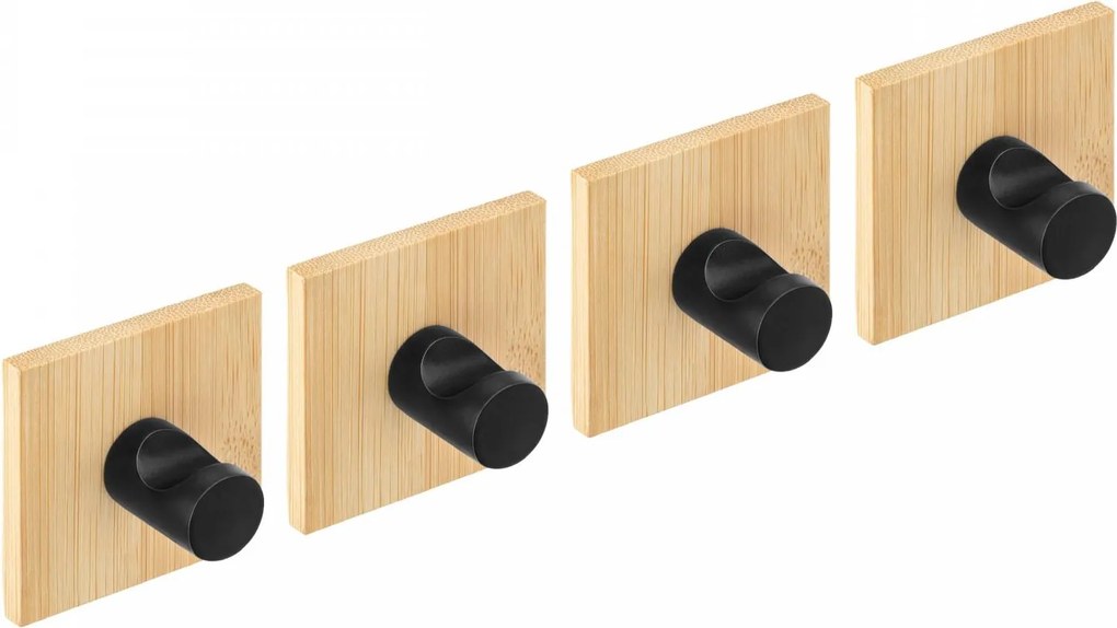 Erga Ozi, samolepící háčky na ručníky bez vrtání, 4 ks, 5 × 5 cm, bambus/černá matná, ERG-YKA-CH.OZI4-BLK