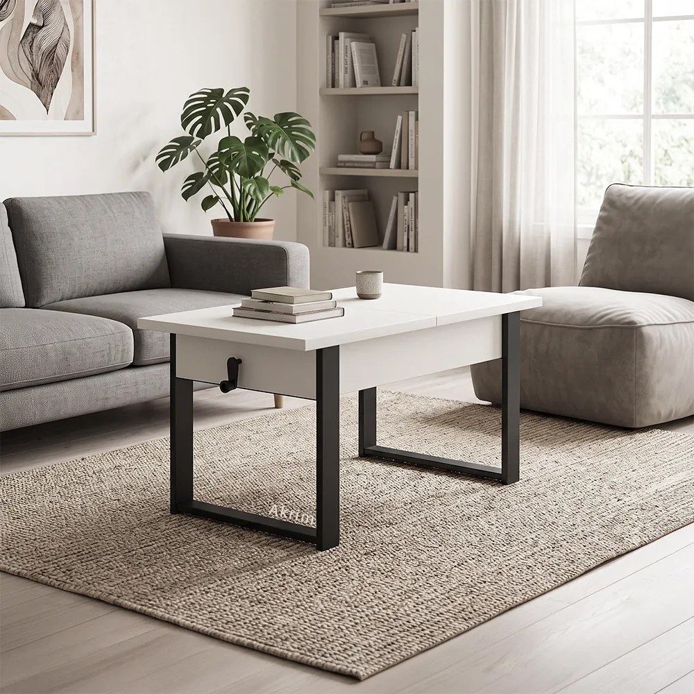 Rozkládací polohovací konferenční stolek HOGO 3v1 | 120-157x62,5-74,5x67 cm | síla horní desky 32 mm | bílá/černé nohy