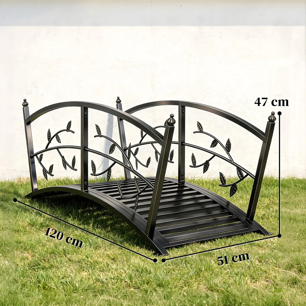 Outsunny kovový zahradní mostek 120 cm — dekor révových listů, madla, nosnost 100 kg, práškově lakovaný, snadná montáž