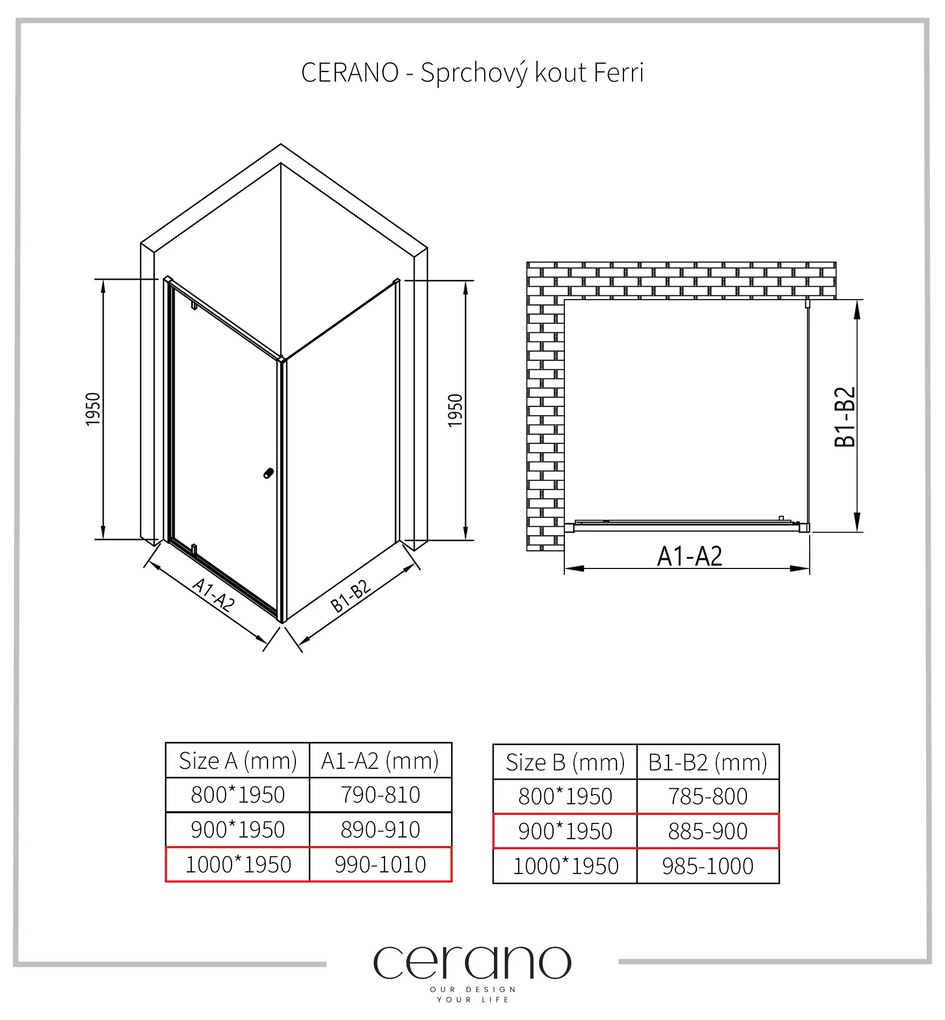 CERANO - Sprchový kout Ferri L/P - černá matná, transparentní sklo - 100x90 cm - křídlový