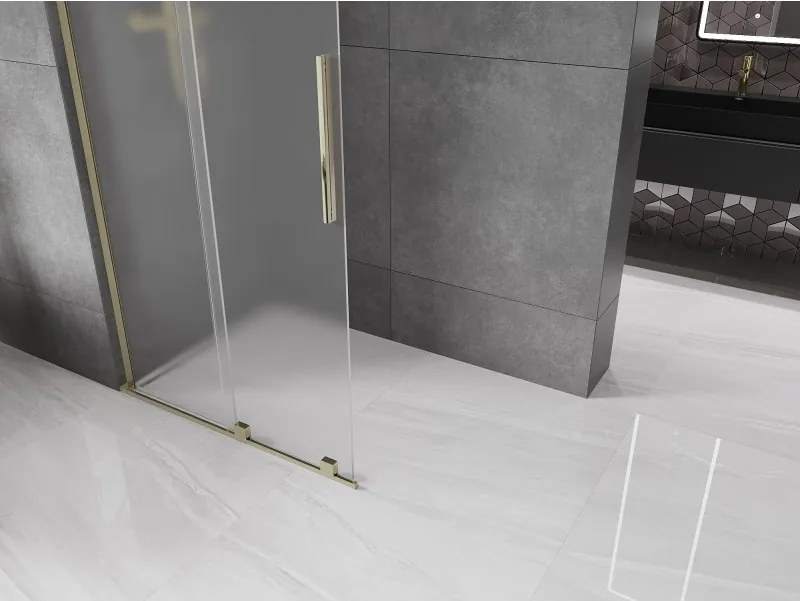 Mexen Velar L, posuvná sprchová zástěna Walk-in 110 x 200 cm, 8mm sklo námraza, zlatá lesklá, 871-110-003-33-50