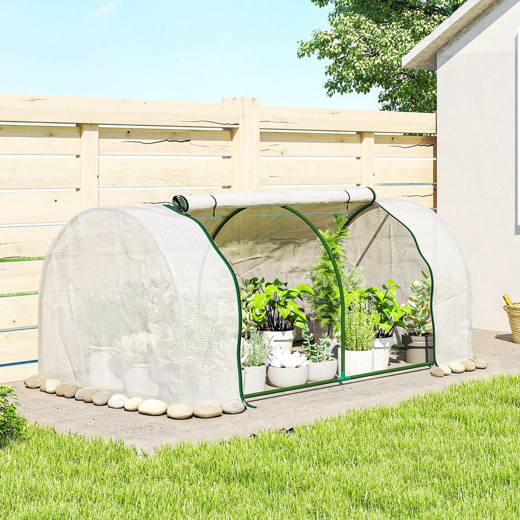 Outsunny skleník z PE s vyztuženou fólií, mrazuvzdorný ocelový tunel pro balkon a zahradu — skleník na rajčata 200 × 100 × 80 cm — bílý
