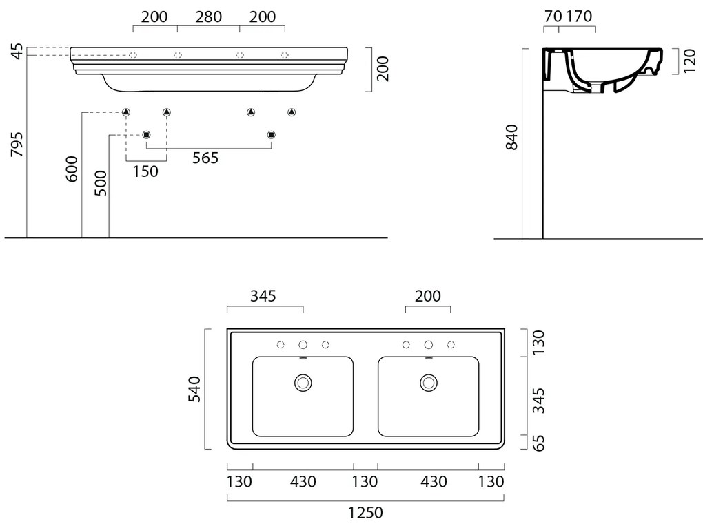 GSI, CLASSIC keramické dvojumyvadlo 125x54cm, bílá ExtraGlaze, 8725111