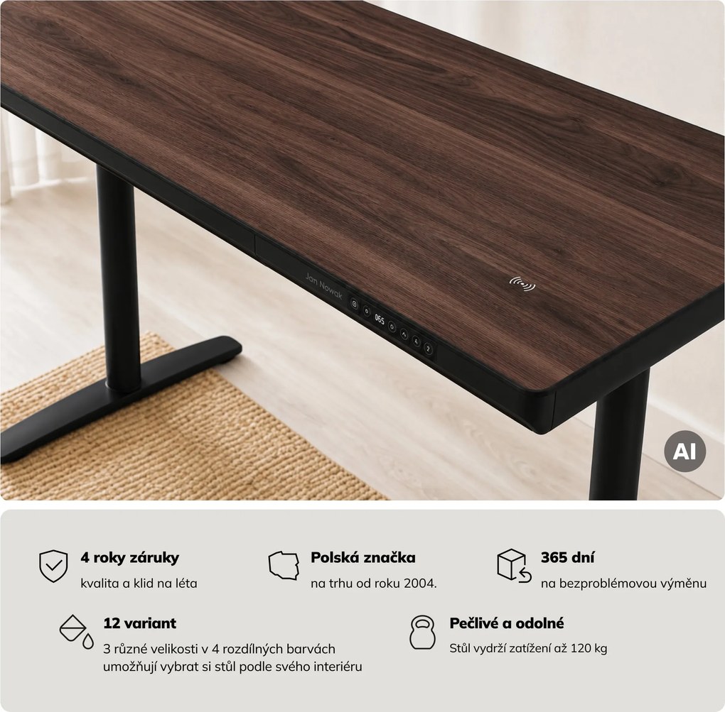 Elektrický psací stůl sit-stand se zásuvkou a bezdrátovou nabíječkou Qi černý/ořech, 1400 mm: ELLIS