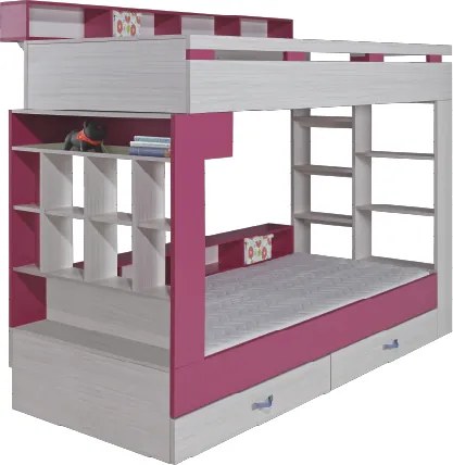 Harmonia Dětská patrová postel s úložným prostorem Adéla - růžová 90x200 cm