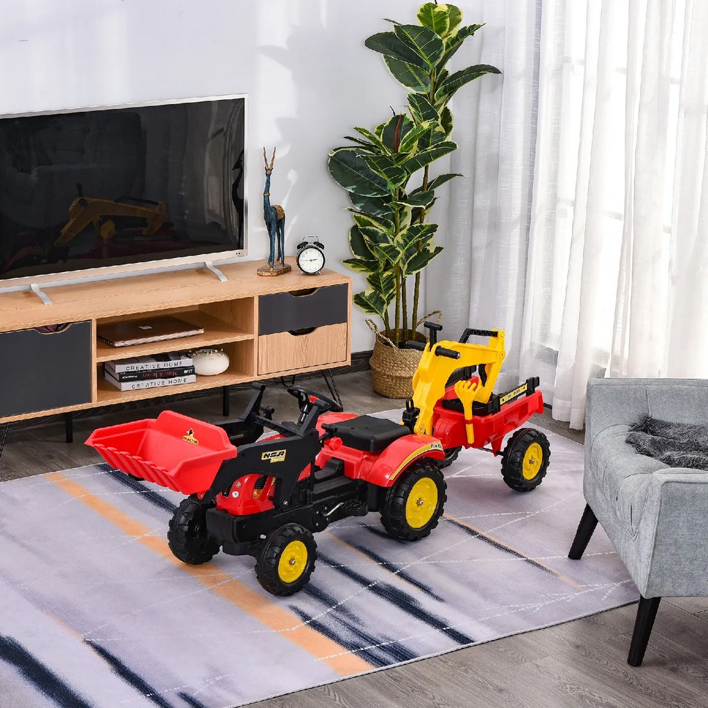 HOMCOM Šlapací traktor s přívěsem a čelním nakladačem, šlapací bagr pro děti od 3 let, červený, 179 x 42 x 59 cm, ideální pro zábavu a hry