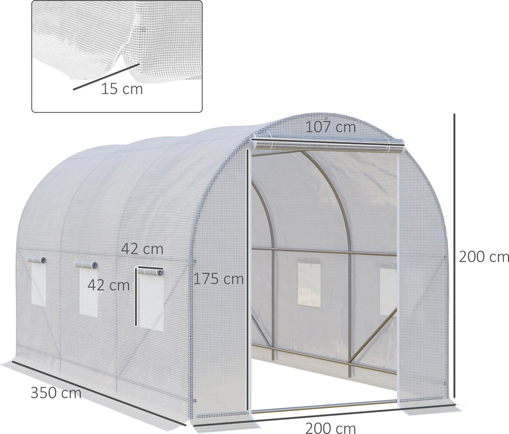 Outsunny Zahradní Skleník 3,5x2x2 m Tunelový Skleník s 6 Okny z Tkaniny a Zipovým Vchodem, UV-Odolný Skleník pro Terasu nebo Zahradu Bílý