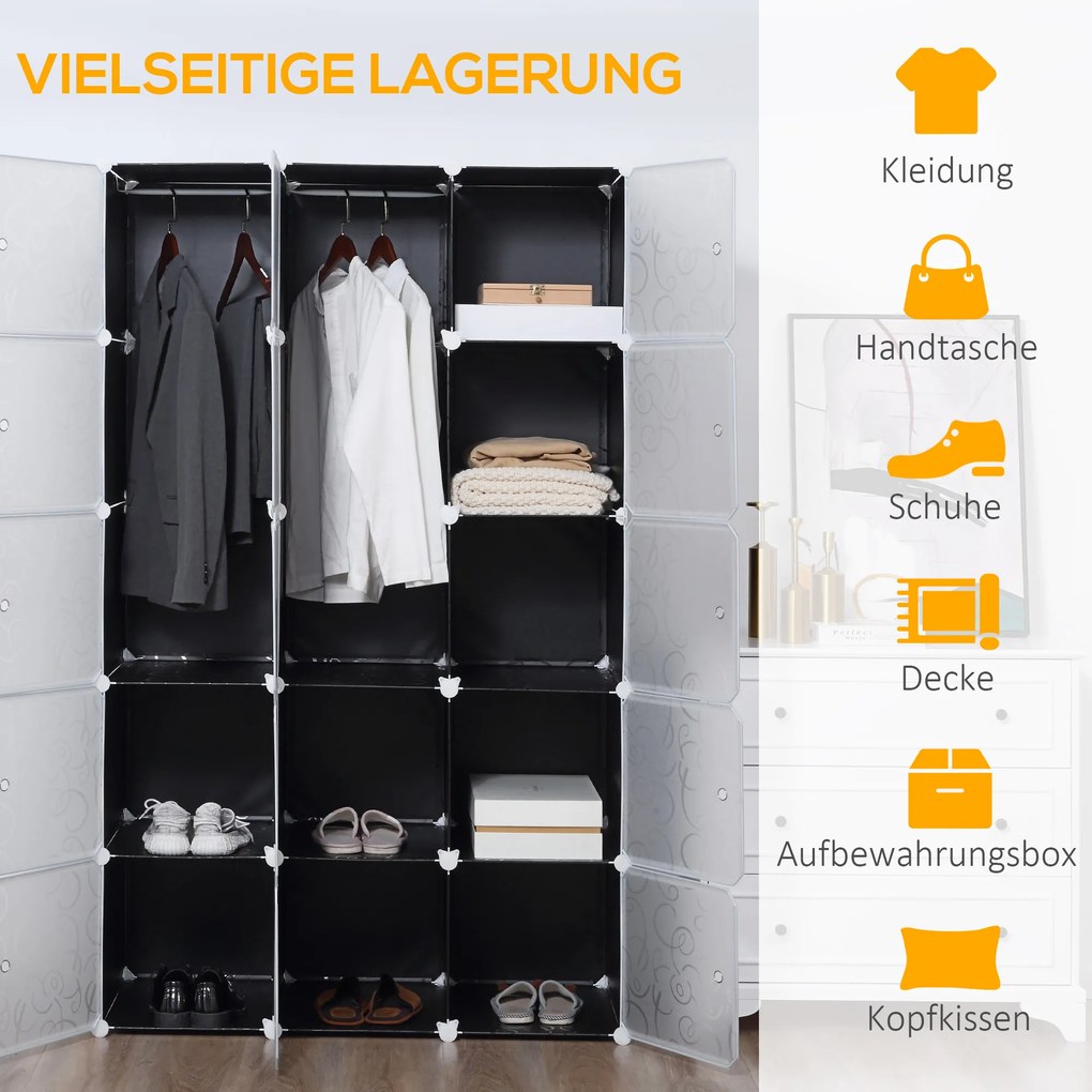 HOMCOM DIY systém polic pro šatníky s 2 velkými a 9 malými kostkami - DIY organizér, botník, úložný regál na knihy a hračky, černý 111 x 47 x 183 cm