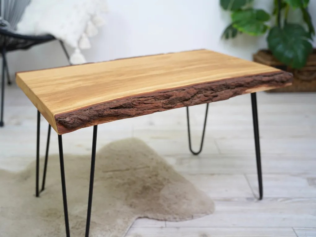 Dubový konferenční stolek z přírodní masivní fošny 40-45x70 cm + Hairpin nohy Dle výběru