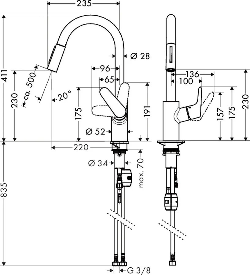Hansgrohe Focus M41, páková dřezová baterie 240, s vytahovací sprškou, chromová, 31815000