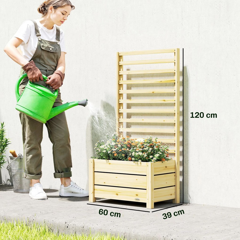 Vyvýšený truhlík Outsunny s mříží — přírodní smrkové dřevo, odtokový otvor, netkaná vložka, 60 x 39 x 120 cm