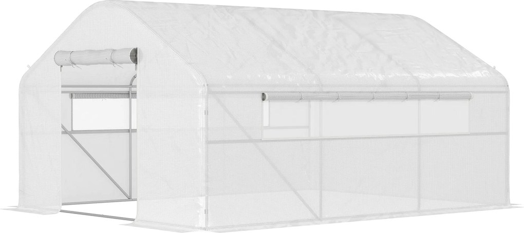 Outsunny Zahradní Skleník 4x3x2 m Tunelový Skleník se 2 Okny z UV-Odolného PE a 1 Rolovacími Dveřmi se Zipperem pro Zahradu a Terasu Bílý
