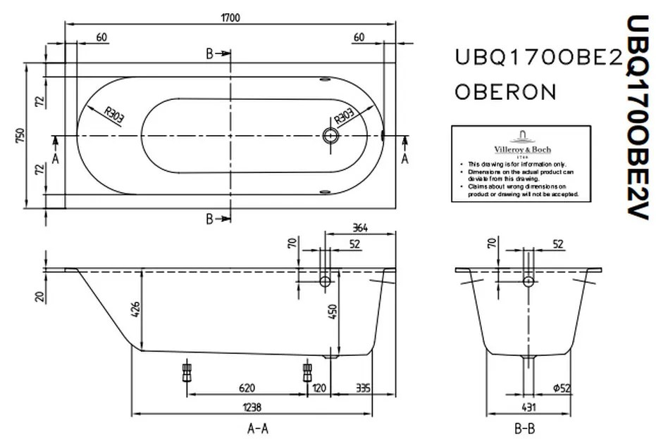 Villeroy & Boch Villeroy Boch OBERON Solo: Vana 1700x750 mm, Quaryl, včetně nohou (samolepicí), bílá Alpin UBQ170OBE2V-01