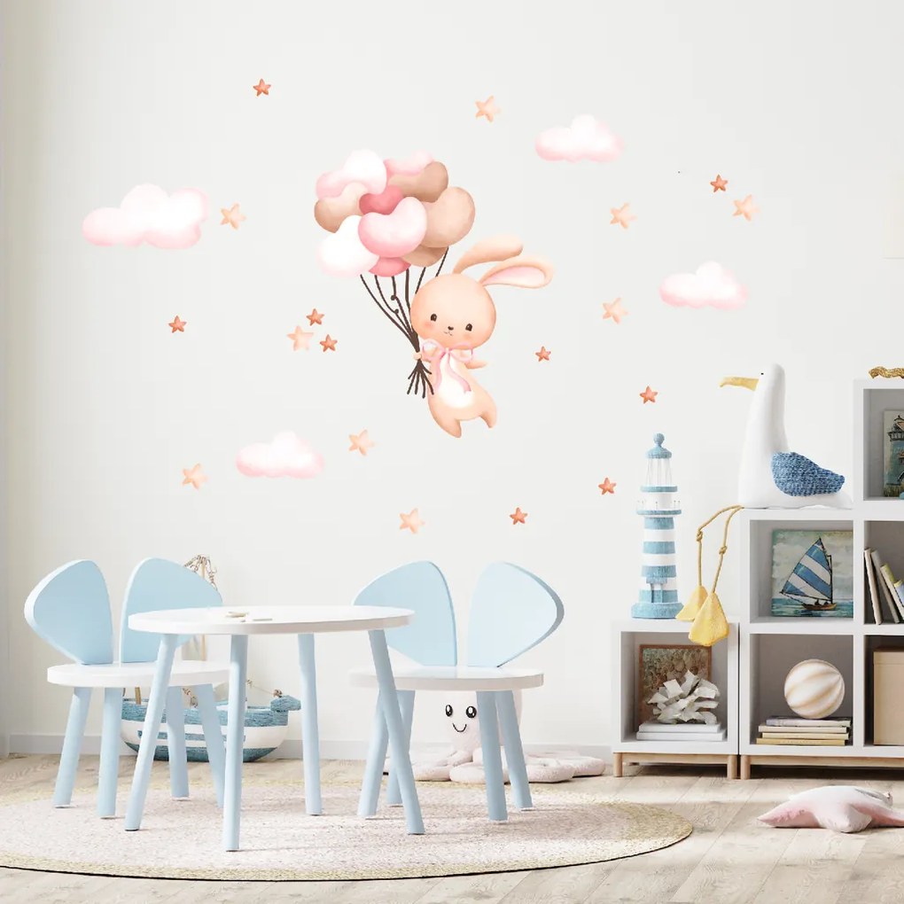 PIPPER. Textilní nálepka na zeď "Zajíček s balony - růžová"