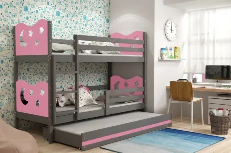 Patrová postel MIKO pro 3 osoby včetně matrací (Grafit + Růžová)